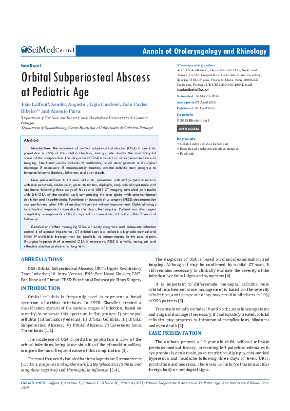 (PDF) Orbital Subperiosteal Abscess at Pediatric Age