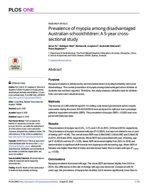 (PDF) Prevalence of myopia among disadvantaged Australian ...