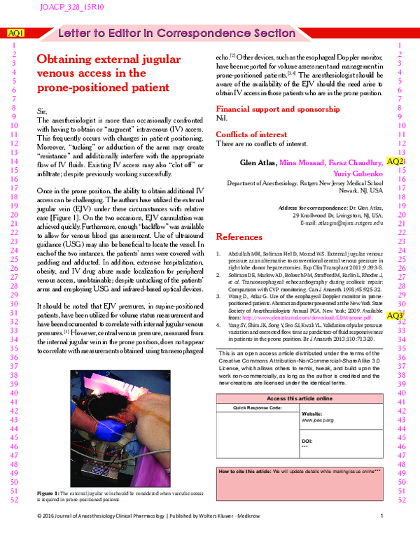 (PDF) External Jugular Access in Prone Patients