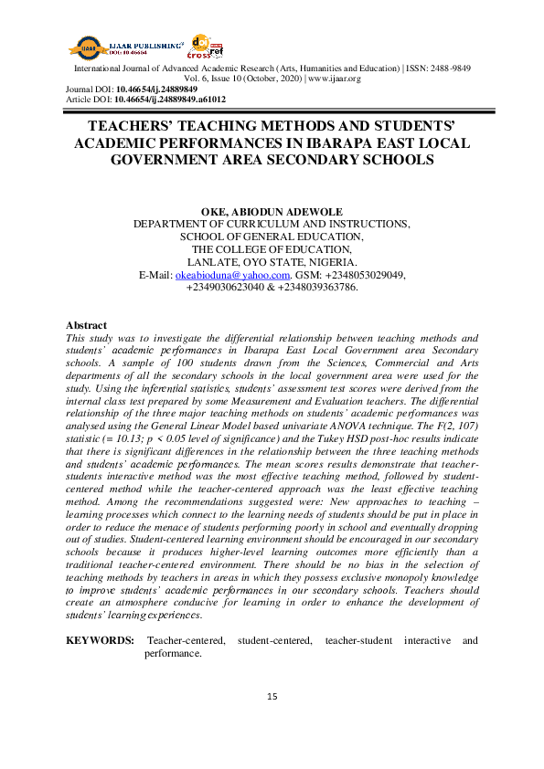 (PDF) Teachers’ Teaching Methods and Students’ Academic Performances in Ibarapa East Local ...