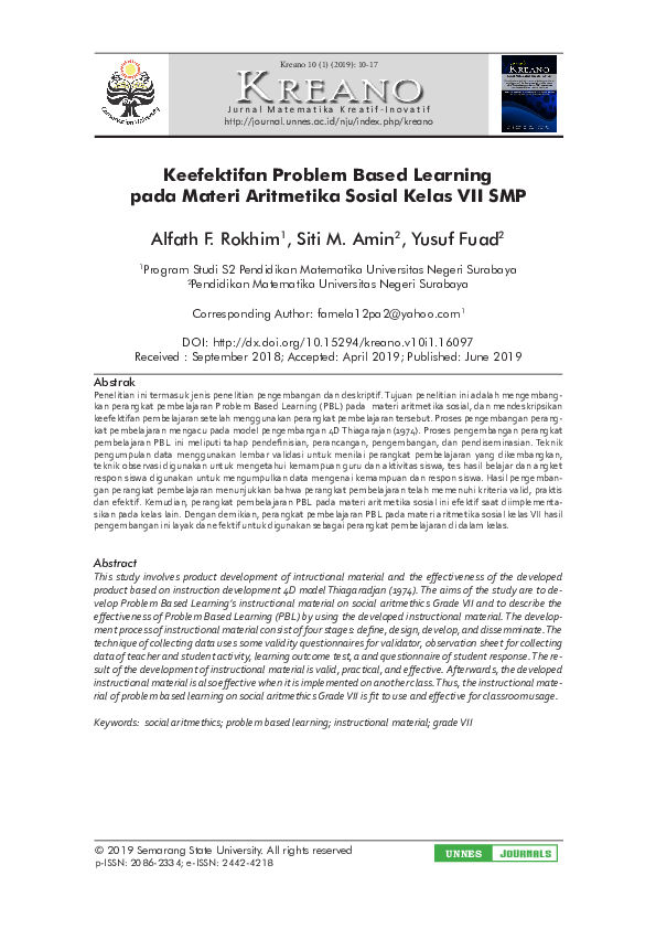 (PDF) Keefektifan Problem Based Learning pada Materi Aritmetika Sosial Kelas VII SMP
