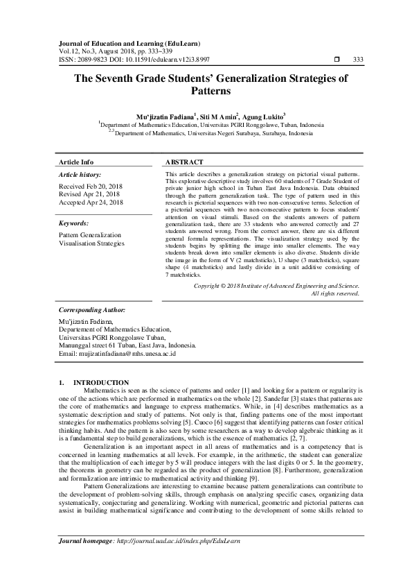 (PDF) The Seventh Grade Students’ Generalization Strategies of Patterns ...