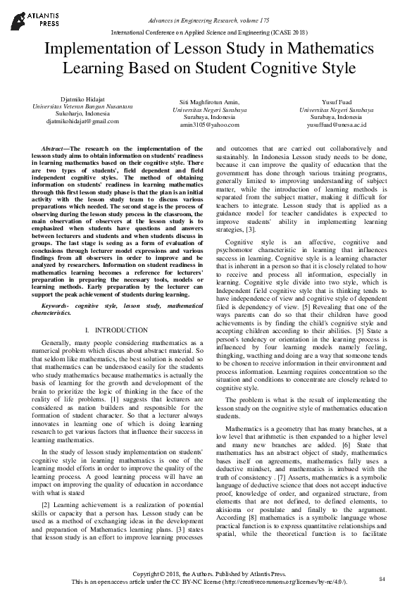 (PDF) Implementation of Lesson Study in Mathematics Learning Based on Student Cognitive Style ...