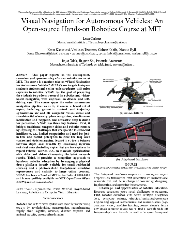 (PDF) Visual Navigation for Autonomous Vehicles: An Open-source Hands-on Robotics Course at MIT
