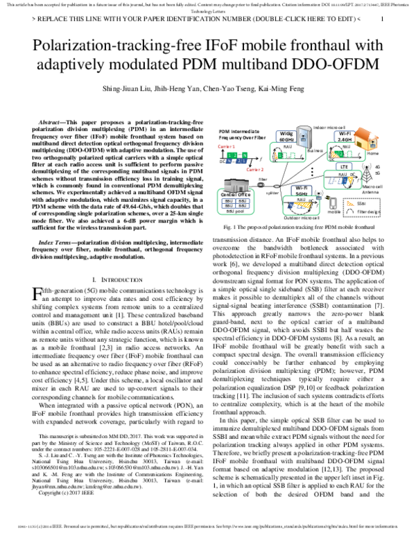 (PDF) Polarization-Tracking-Free IFoF Mobile Fronthaul With Adaptively Modulated PDM Multiband ...