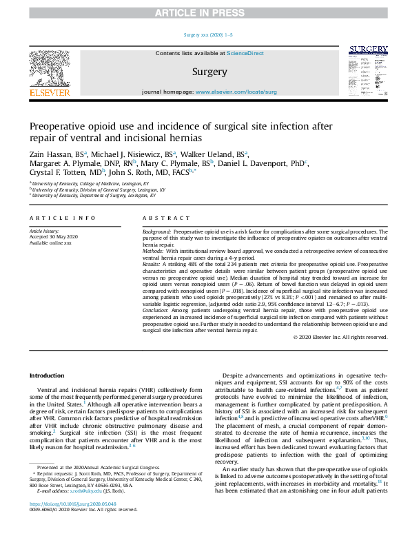 (PDF) Preoperative opioid use and incidence of surgical site infection ...