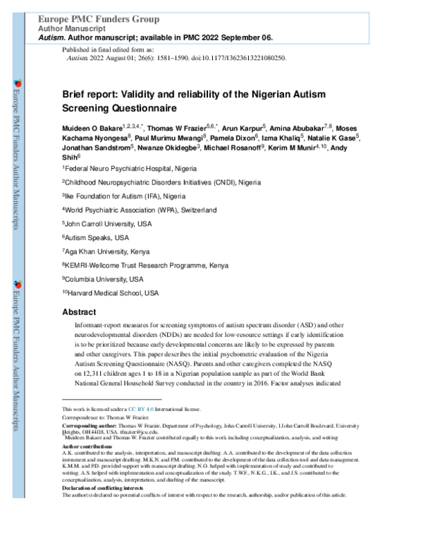 (PDF) Brief report: Validity and reliability of the Nigerian Autism ...