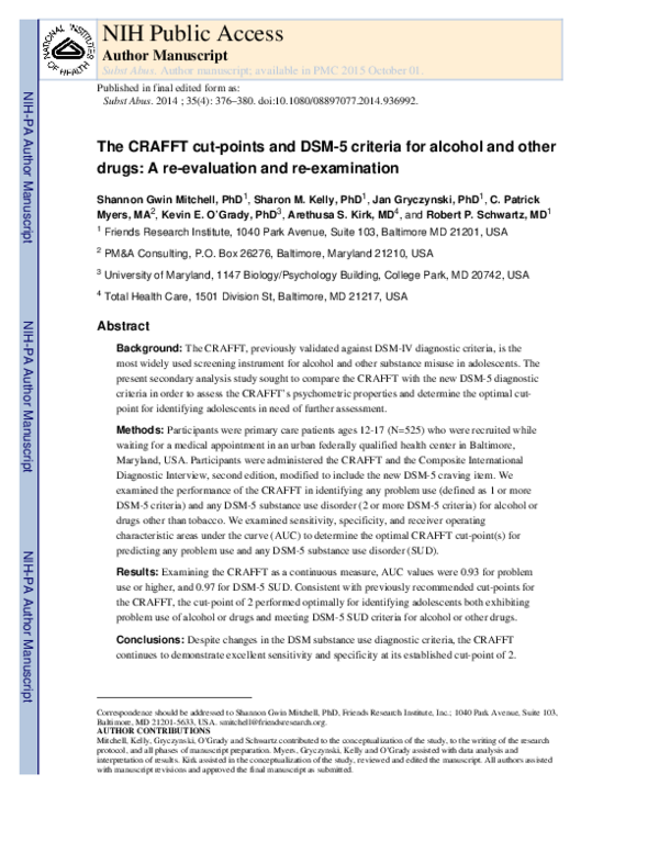 (PDF) The CRAFFT Cut-Points and DSM-5 Criteria for Alcohol and Other ...