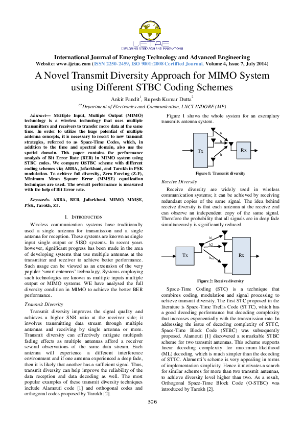Pdf A Novel Transmit Diversity Approach For Mimo System Using Different Stbc Coding Schemes