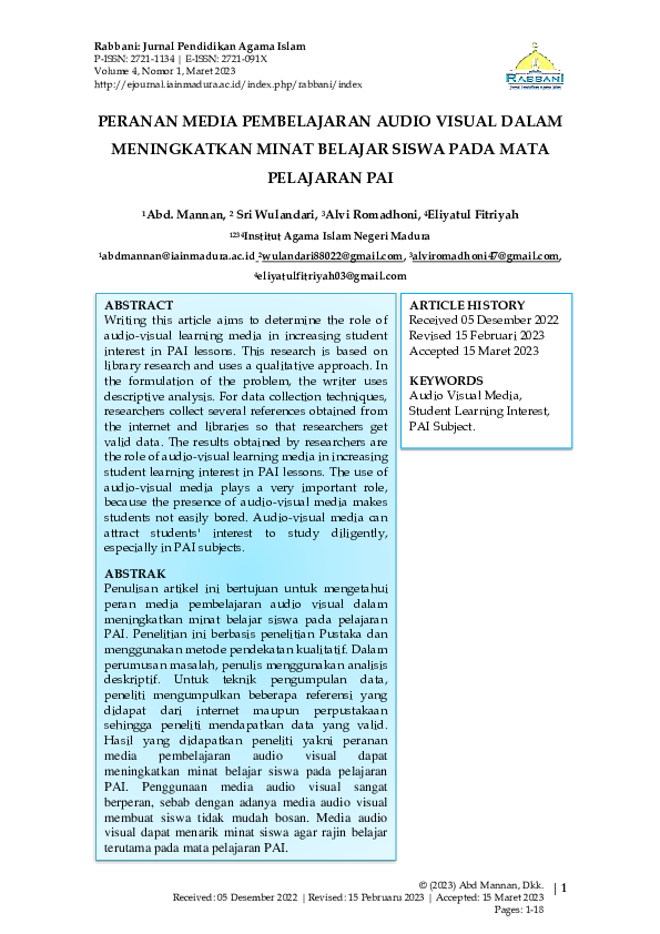 (PDF) Peranan Media Pembelajaran Audio Visual Dalam Meningkatkan Minat Belajar Siswa Pada Mata ...