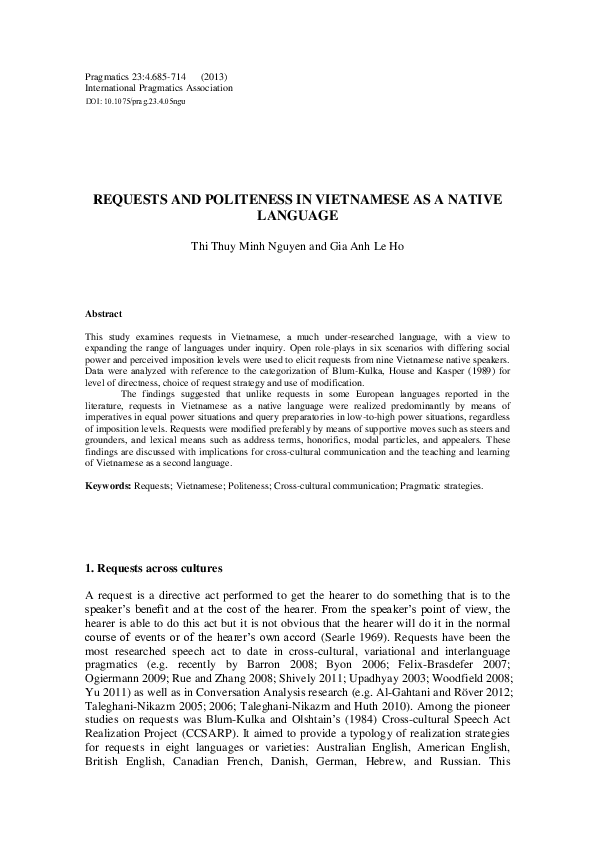 (PDF) Requests and politeness in Vietnamese as a native language