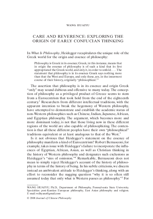 (PDF) CARE AND REVERENCE: EXPLORING THE ORIGIN OF EARLY CONFUCIAN THINKING