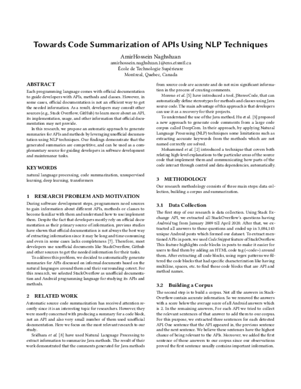 (PDF) Towards Code Summarization of APIs Using NLP Techniques