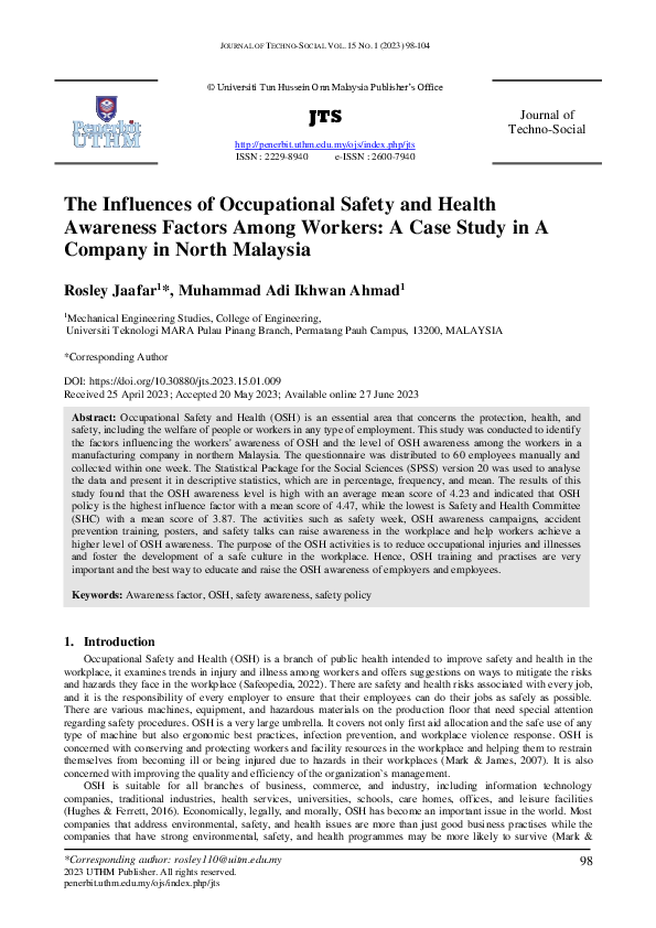 (PDF) The Influences of Occupational Safety and Health Awareness ...