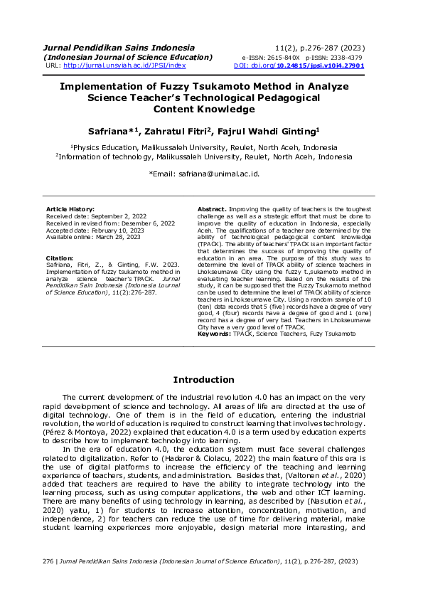 (PDF) Implementation of Fuzzy Tsukamoto Method in Analyze Science Teacher’s Technological ...