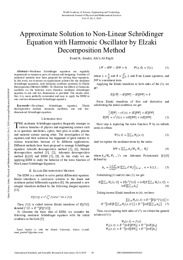 (PDF) Approximate Solution to Non-Linear Schrödinger Equation with Harmonic Oscillator by Elzaki ...