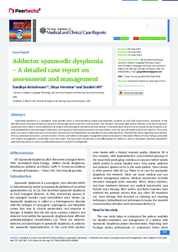 (PDF) Adductor spasmodic dysphonia - A detailed case report on assessment and management