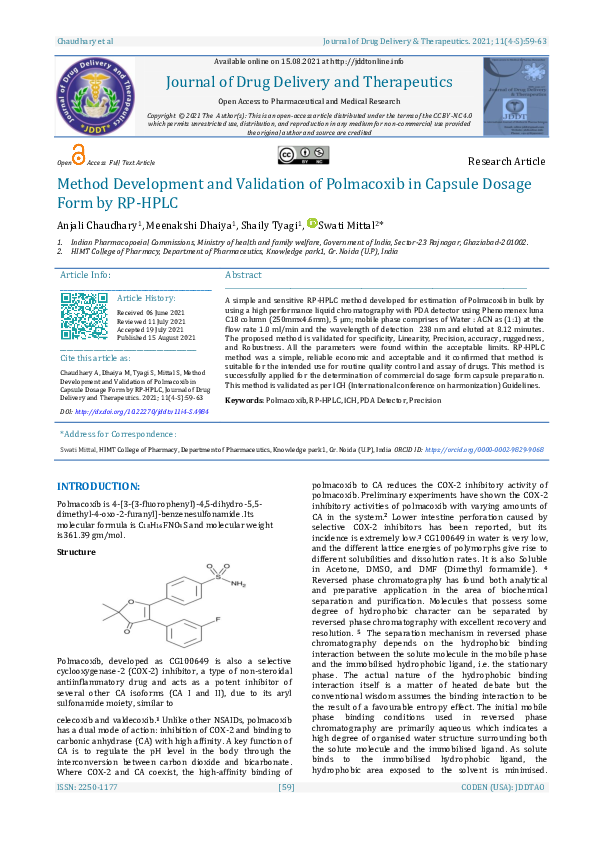 (PDF) Method Development and Validation of Polmacoxib in Capsule Dosage Form by RP-HPLC