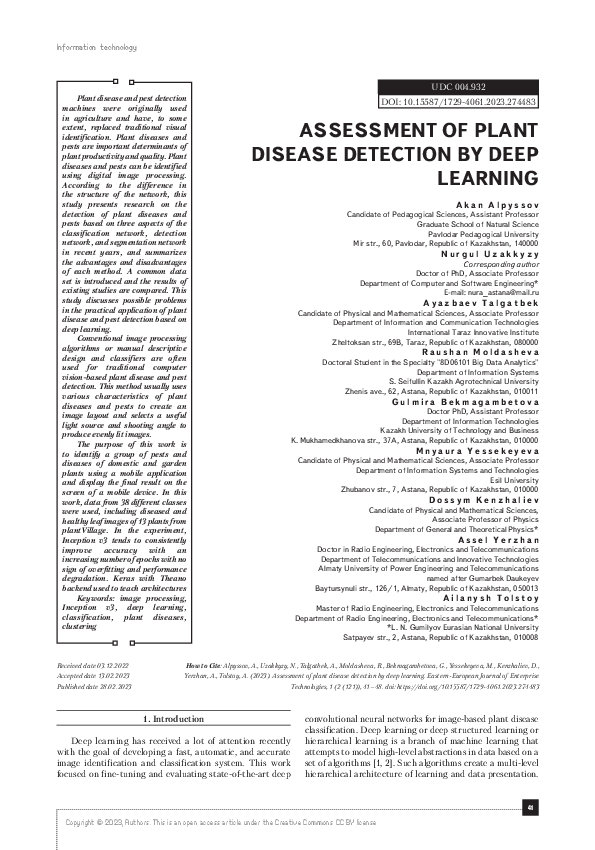 Pdf Assessment Of Plant Disease Detection By Deep Learning