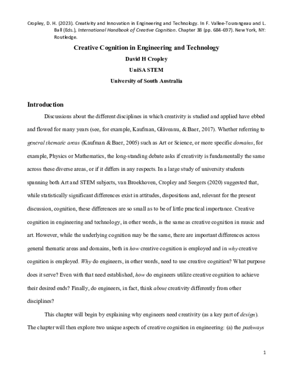(PDF) Creative Cognition in Engineering and Technology