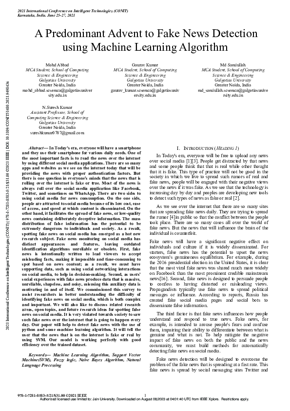 Pdf A Predominant Advent To Fake News Detection Using Machine Learning Algorithm