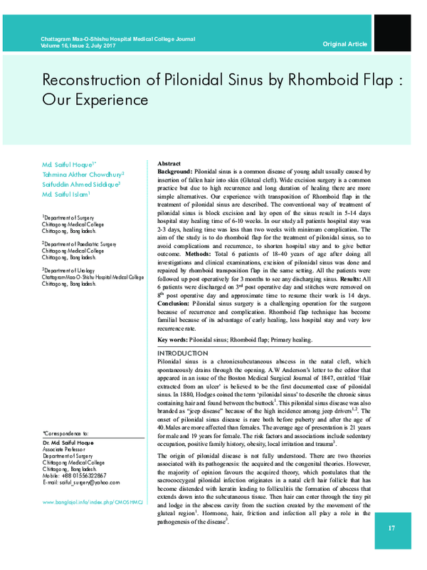 (PDF) Reconstruction of Pilonidal Sinus by Rhomboid Flap : Our Experience