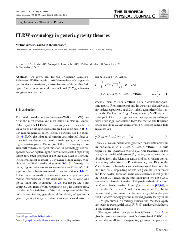 (PDF) FLRW-cosmology in generic gravity theories