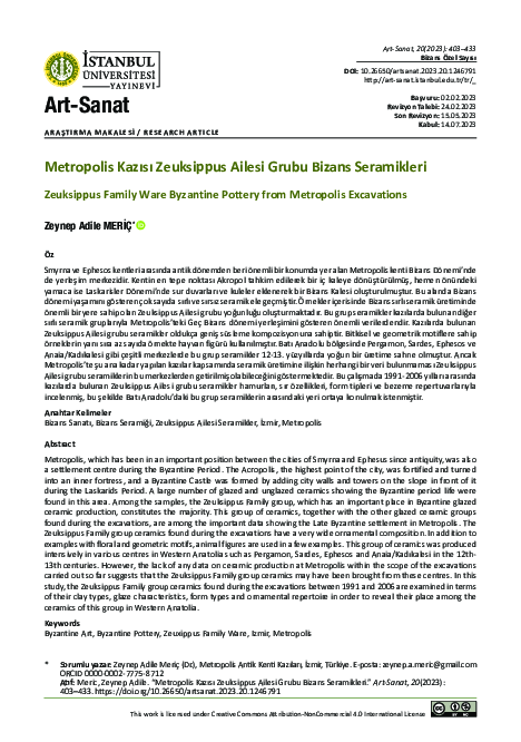 (PDF) Metropolis Kazısı Zeuksippus Ailesi Grubu Bizans Seramikleri/Zeuksippus Family Ware ...