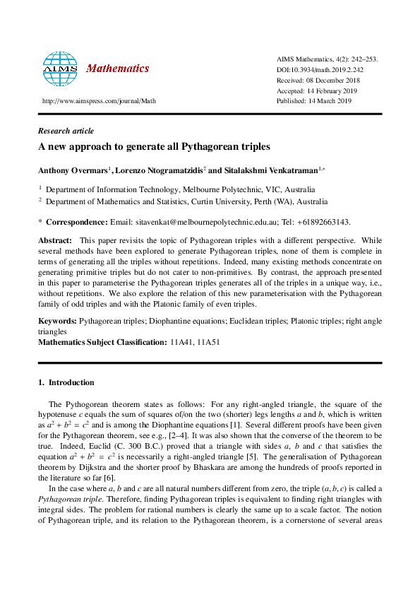 (PDF) A new approach to generate all Pythagorean triples