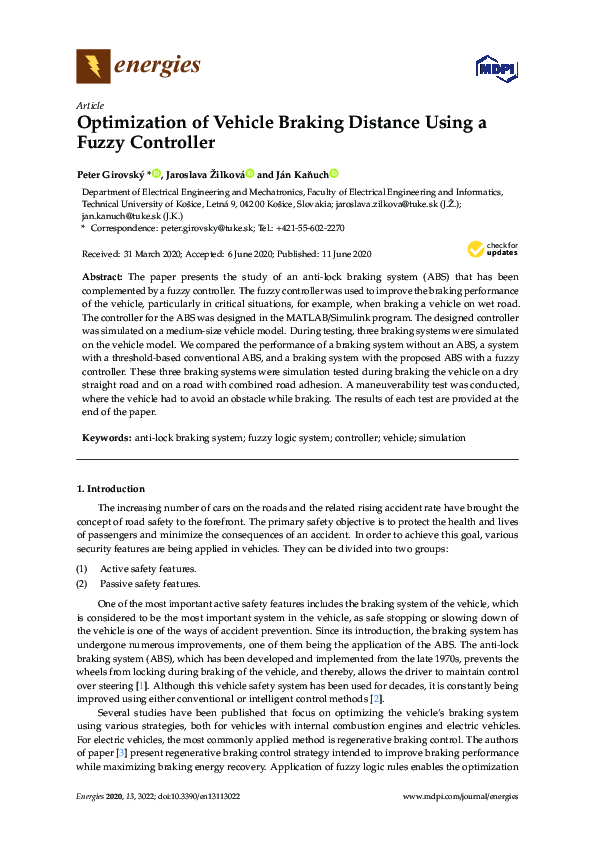 (PDF) Optimization of Vehicle Braking Distance Using a Fuzzy Controller