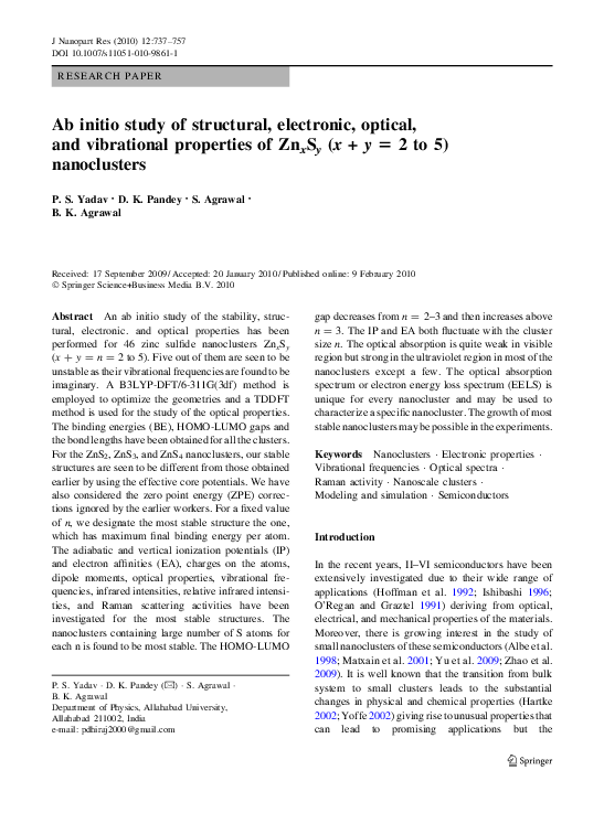 (PDF) Ab initio study of structural, electronic, optical, and vibrational properties of Zn x S y ...