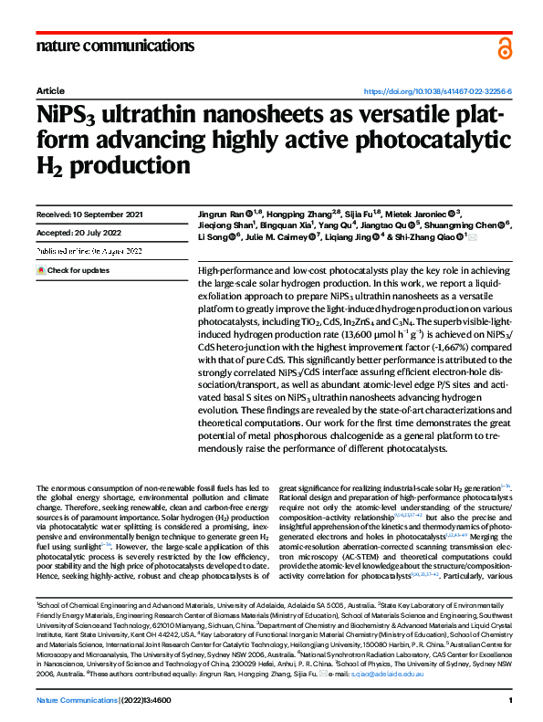 (PDF) NiPS3 ultrathin nanosheets as versatile platform advancing highly ...