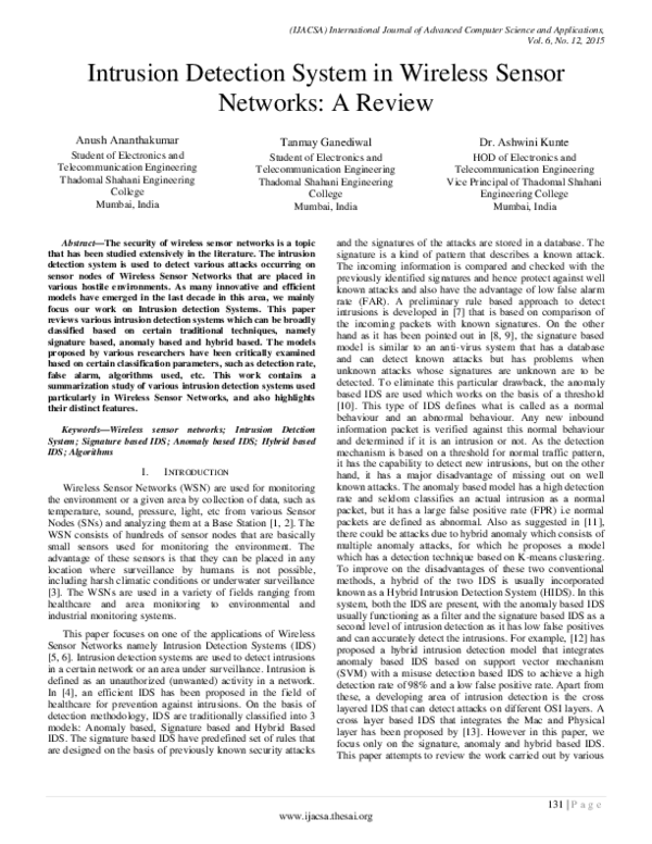 Pdf Intrusion Detection System In Wireless Sensor Networks A Review