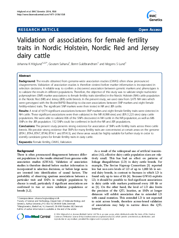 (PDF) Validation of associations for female fertility traits in Nordic Holstein, Nordic Red and ...