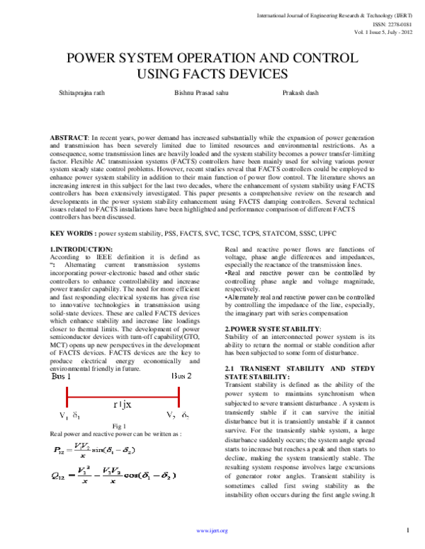 Pdf Power System Operation And Control Using Facts Devices