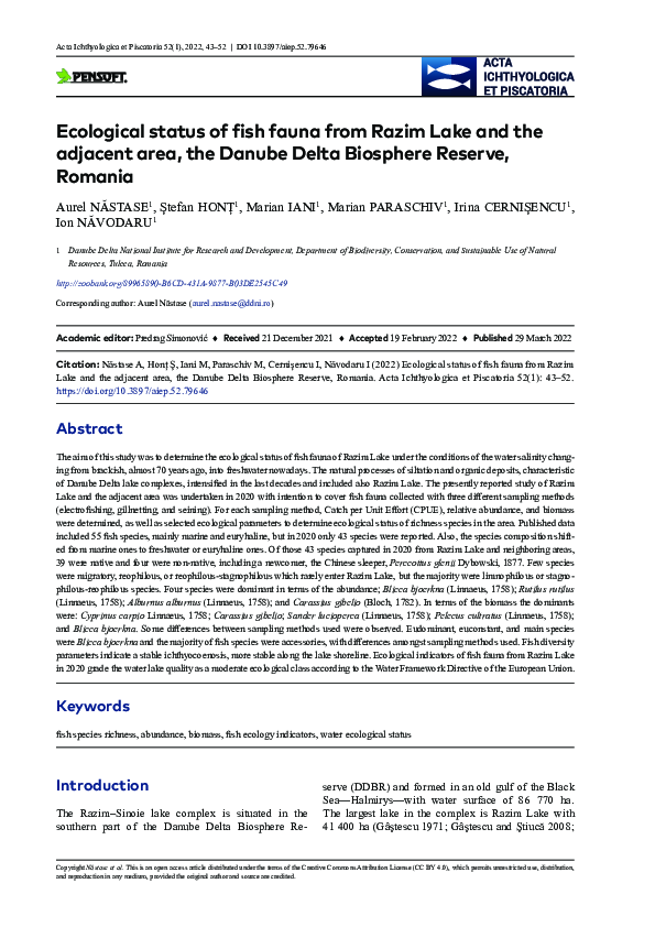 (PDF) Ecological status of fish fauna from Razim Lake and the adjacent ...