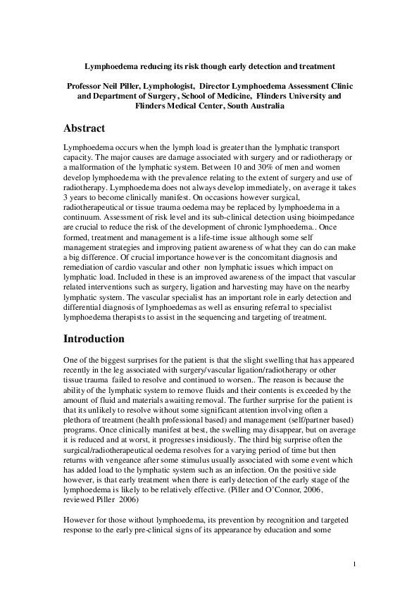 (PDF) Lymphoedema reducing its risk though early detection and treatment