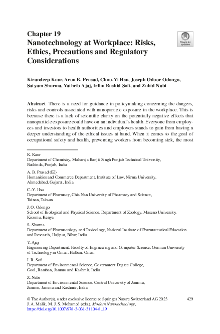 (PDF) Nanotechnology at Workplace: Risks, Ethics, Precautions and ...