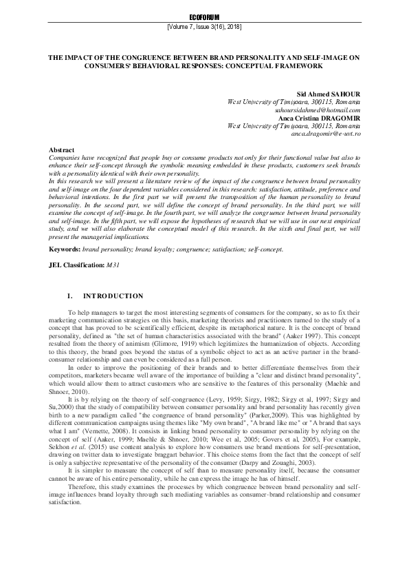(PDF) The Impact of the Congruence Between Brand Personality and Self ...