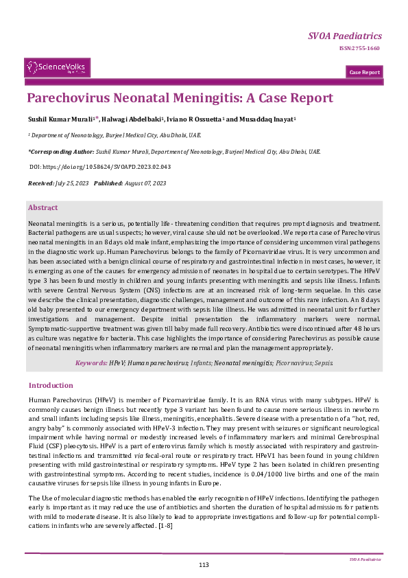 (PDF) Parechovirus Neonatal Meningitis: A Case Report | ScienceVolks ...
