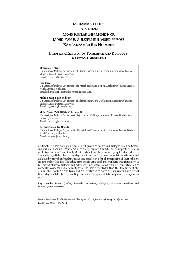 (PDF) Islam as a Religion of Tolerance and Dialogue: A Critical Appraisal
