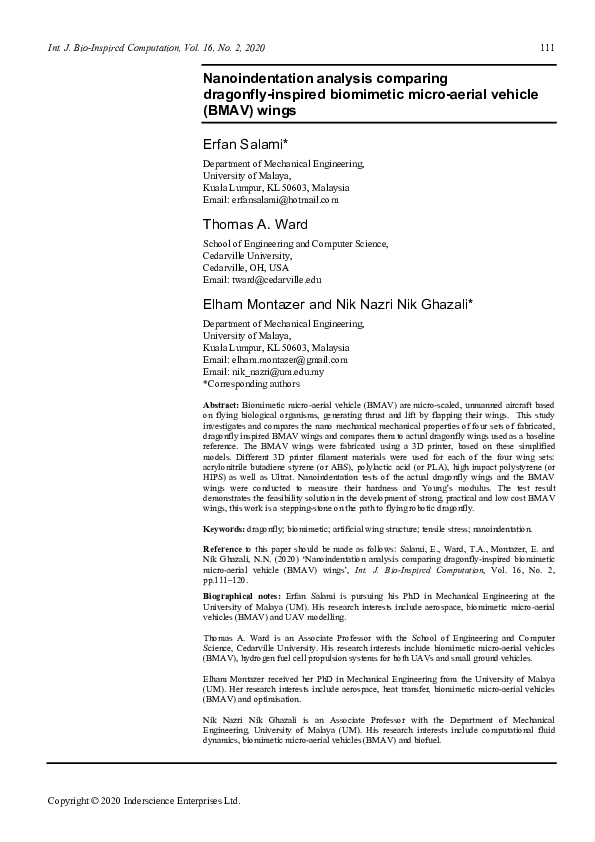 (PDF) Nanoindentation analysis comparing dragonfly-inspired biomimetic ...