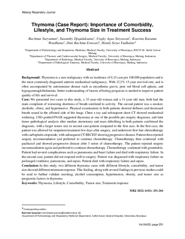 (PDF) Thymoma (Case Report): Importance of Comorbidity, Lifestyle, and Thymoma Size in Treatment ...