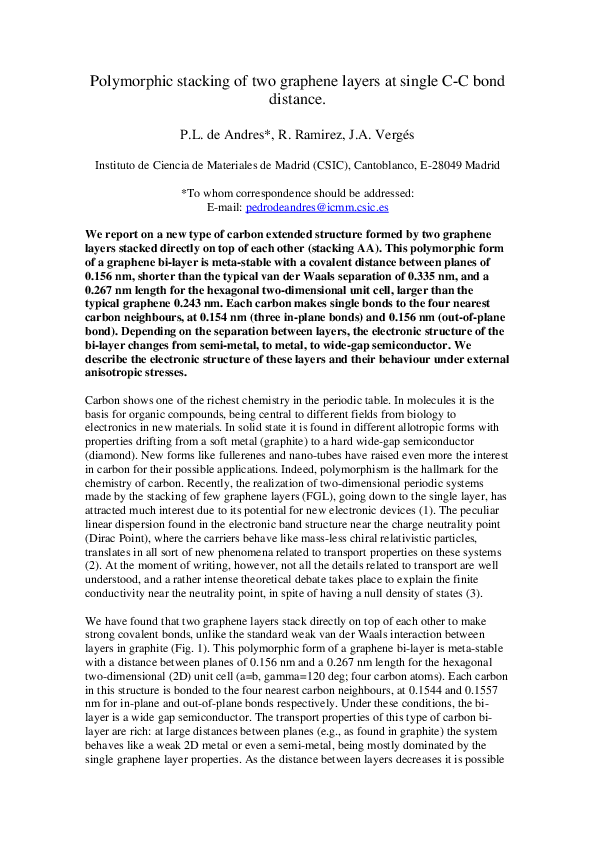 (PDF) Polymorphic stacking of two graphene layers at single C-C bond ...