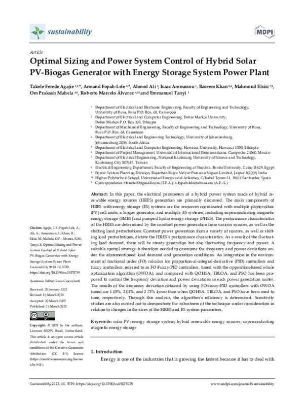 (PDF) Optimal Sizing and Power System Control of Hybrid Solar PV-Biogas Generator with Energy ...