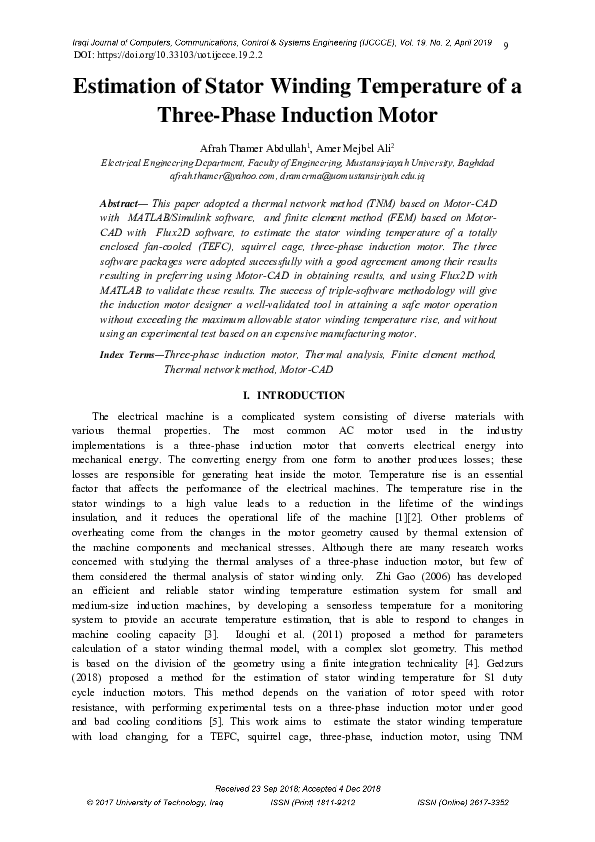 Pdf Estimation Of Stator Winding Temperature Of A Three Phase