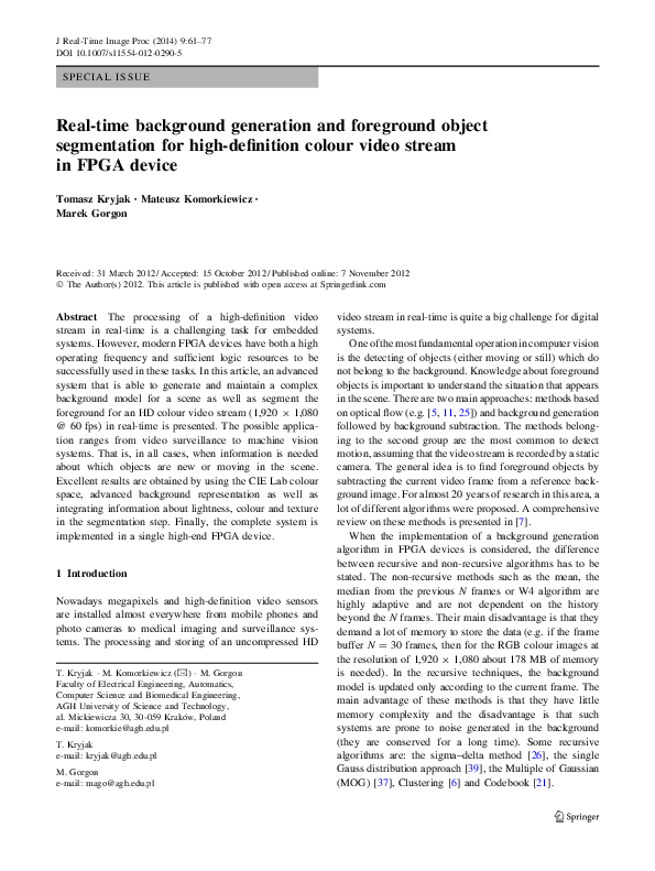 Pdf Real Time Background Generation And Foreground Object Segmentation For High Definition