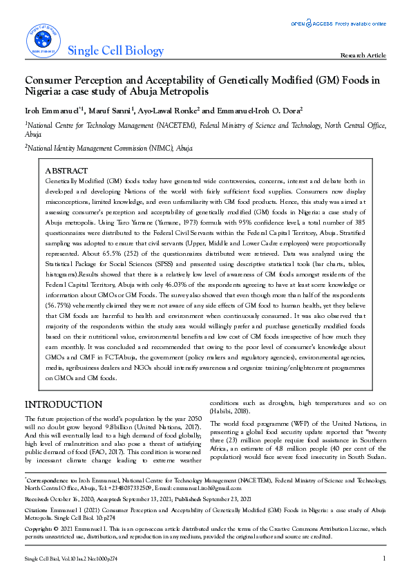 (PDF) Consumer Perception and Acceptability of Genetically Modified (GM) Foods in Nigeria: a ...