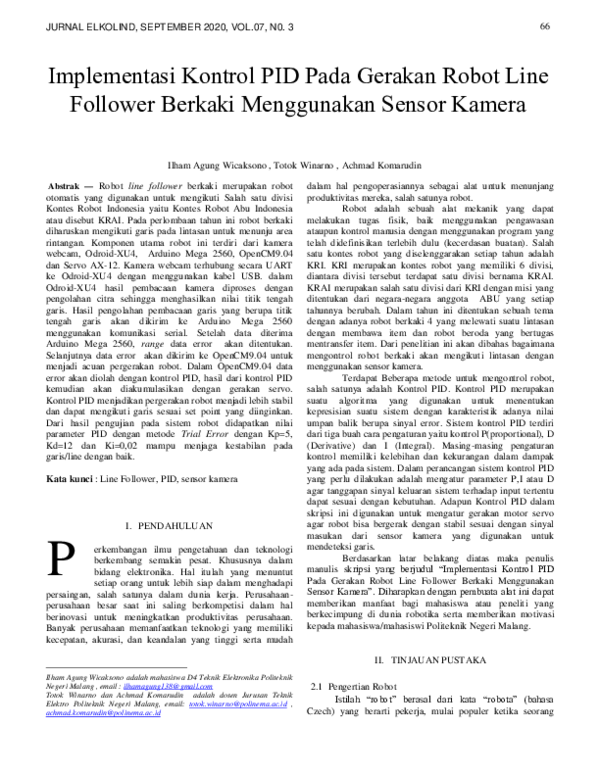 (PDF) Implementasi Kontrol PID Pada Gerakan Robot Line Follower Berkaki Menggunakan Sensor Kamera
