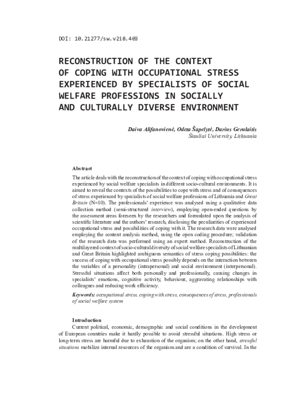 (PDF) Reconstruction of The Context of Coping with Occupational Stress Experienced by ...